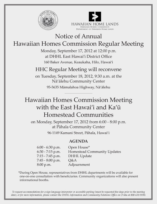 Department of Hawaiian Home Lands | Hawaiian Homes Commission Meetings ...