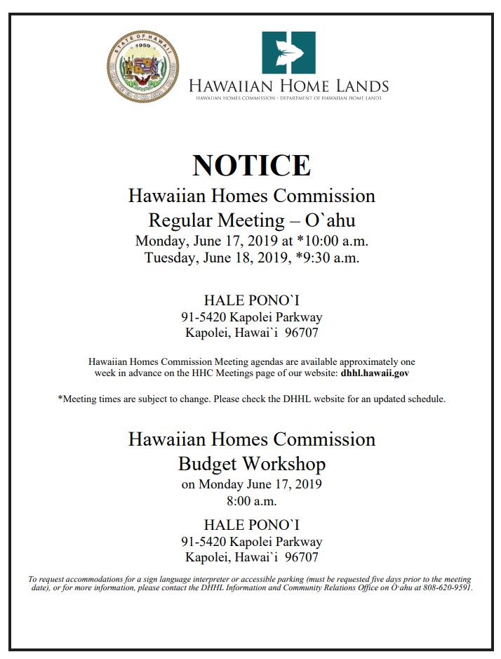 Department of Hawaiian Home Lands | HHC Regular Meeting – O`ahu (June 2019)